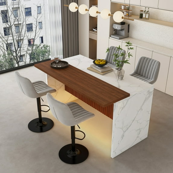 63" Modern Kitchen Island Set with 4 Gray Bar Stools - White Marble ...