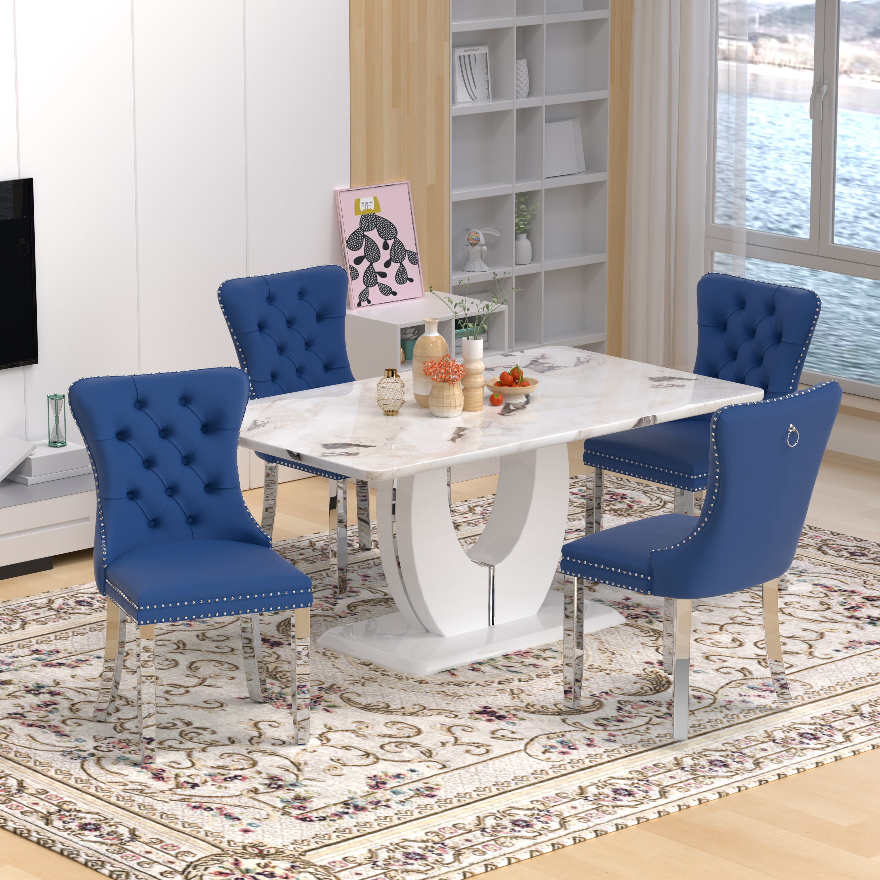 63" Modern Rectangle Faux Marble Dining Table Room Sets for 4,Dining ...