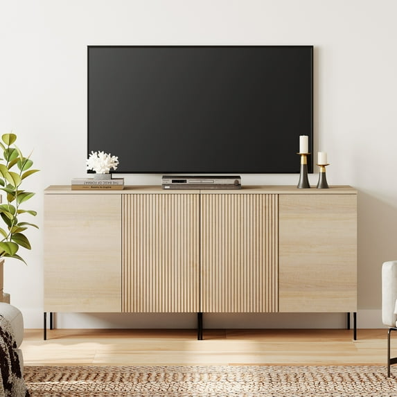 63" Modern Reeded TV Stand with Doors, Entertainment Center with Shelf ...