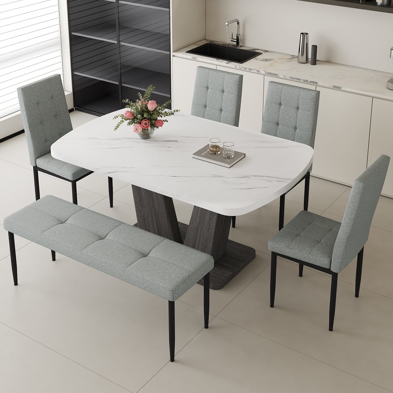 63" Modern Style 6-piece Dining Table with 4 Chairs & 1 Bench, Table ...