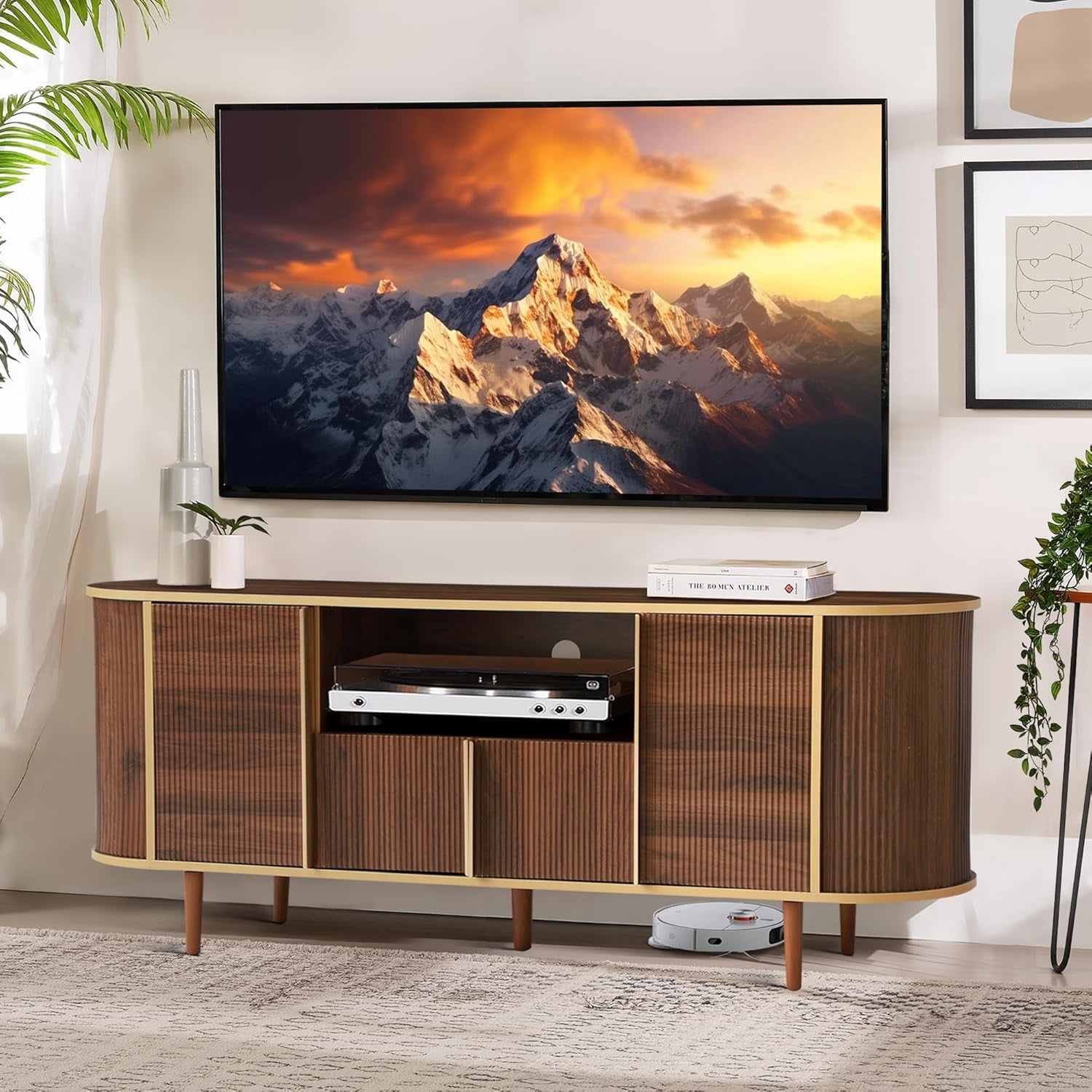 63" Modern TV Stand for Living Room, Fluted Entertainment Center with ...
