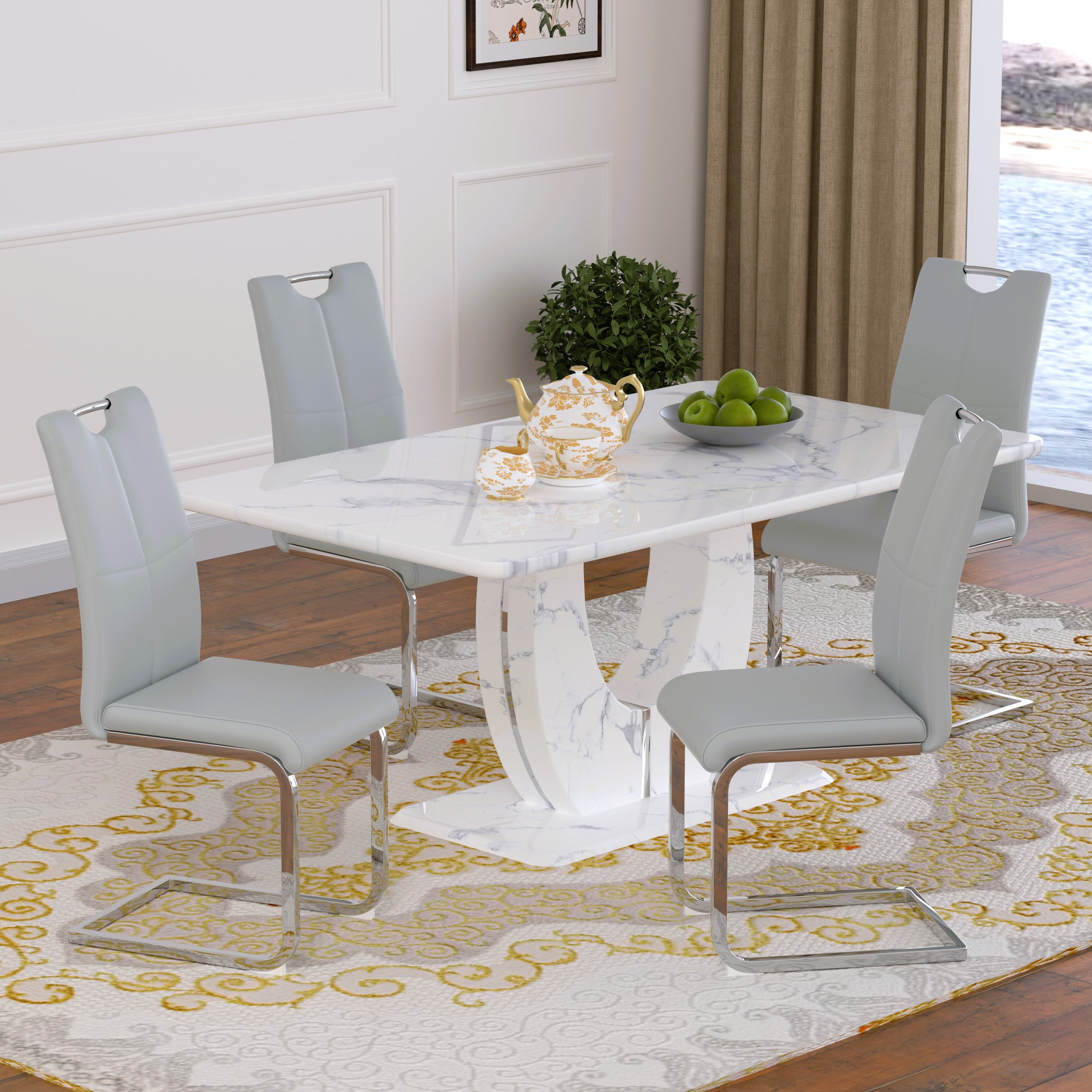 63" Modern White Rectangle Faux Marble Dining Table Room Sets for 4 ...