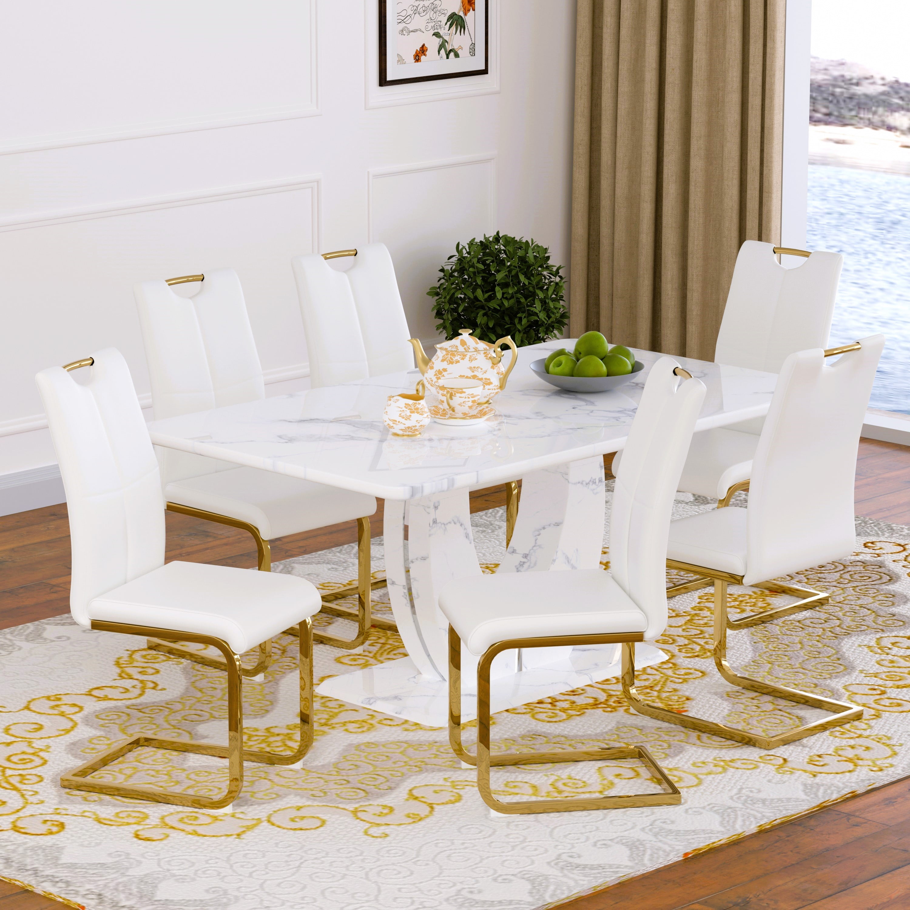 63" Modern White Rectangle Faux Marble Dining Table Room Sets for 6 ...