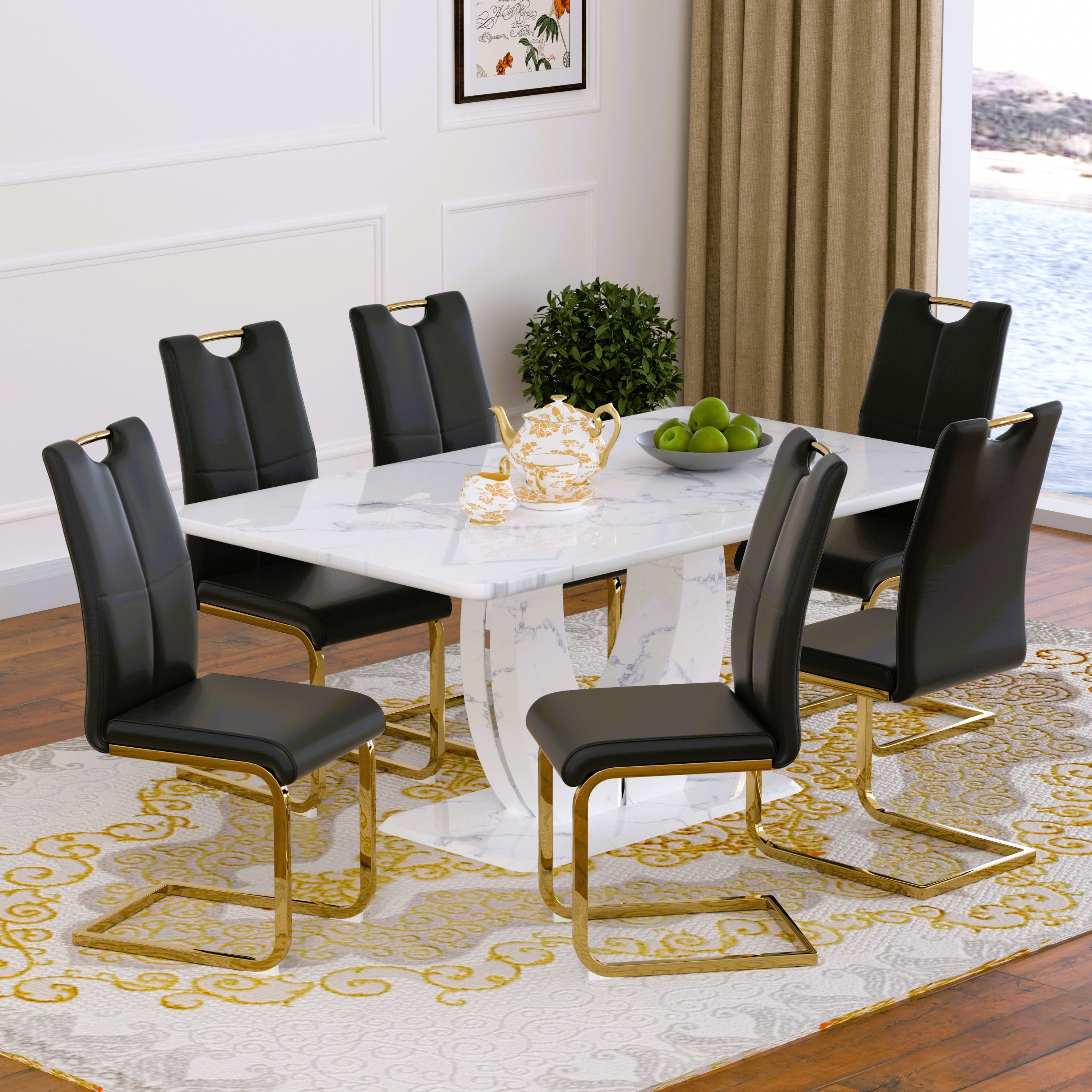 63" Modern White Rectangle Faux Marble Dining Table Room Sets for 6 ...