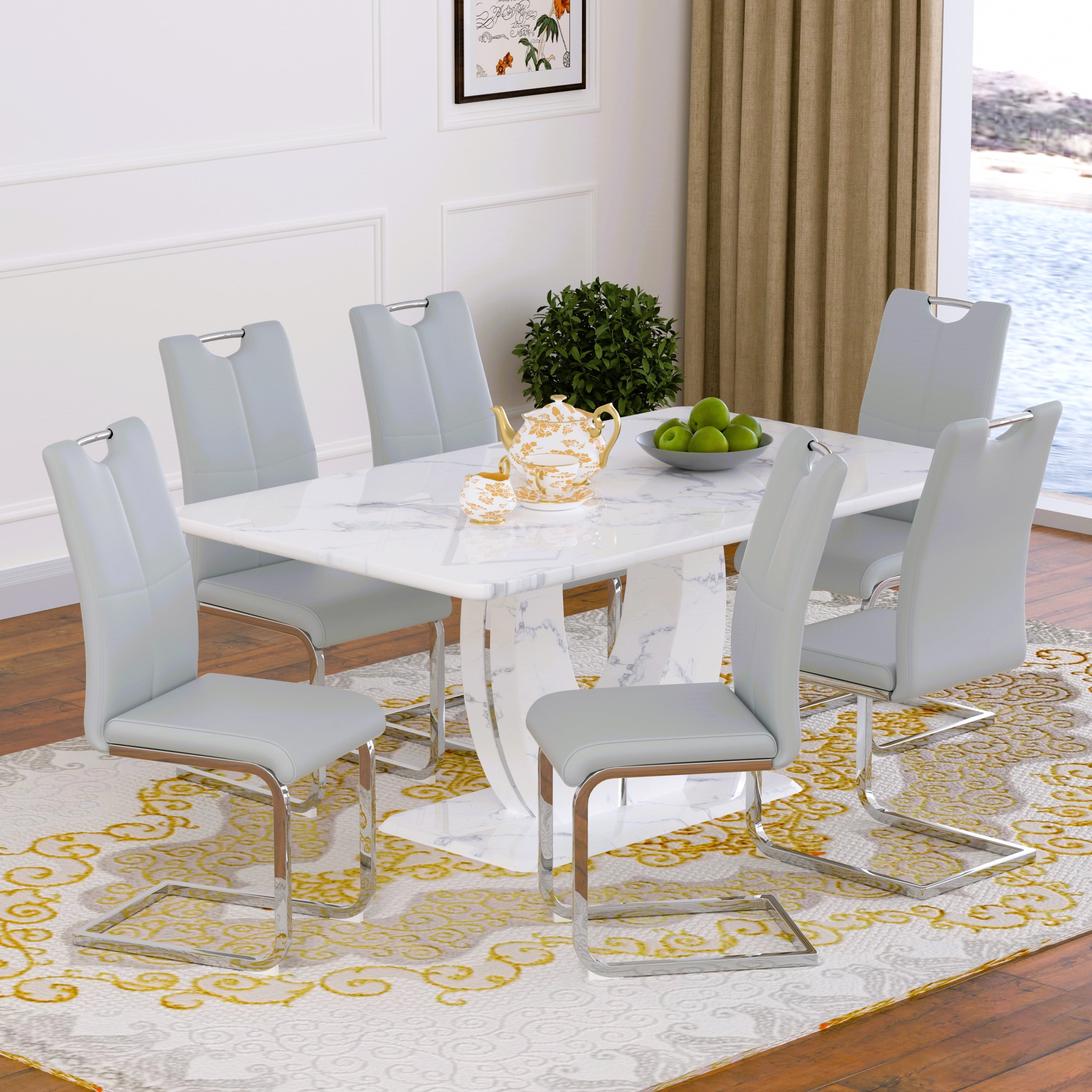 63" Modern White Rectangle Faux Marble Dining Table Room Sets for 6,Dining Table with 6 PU ...