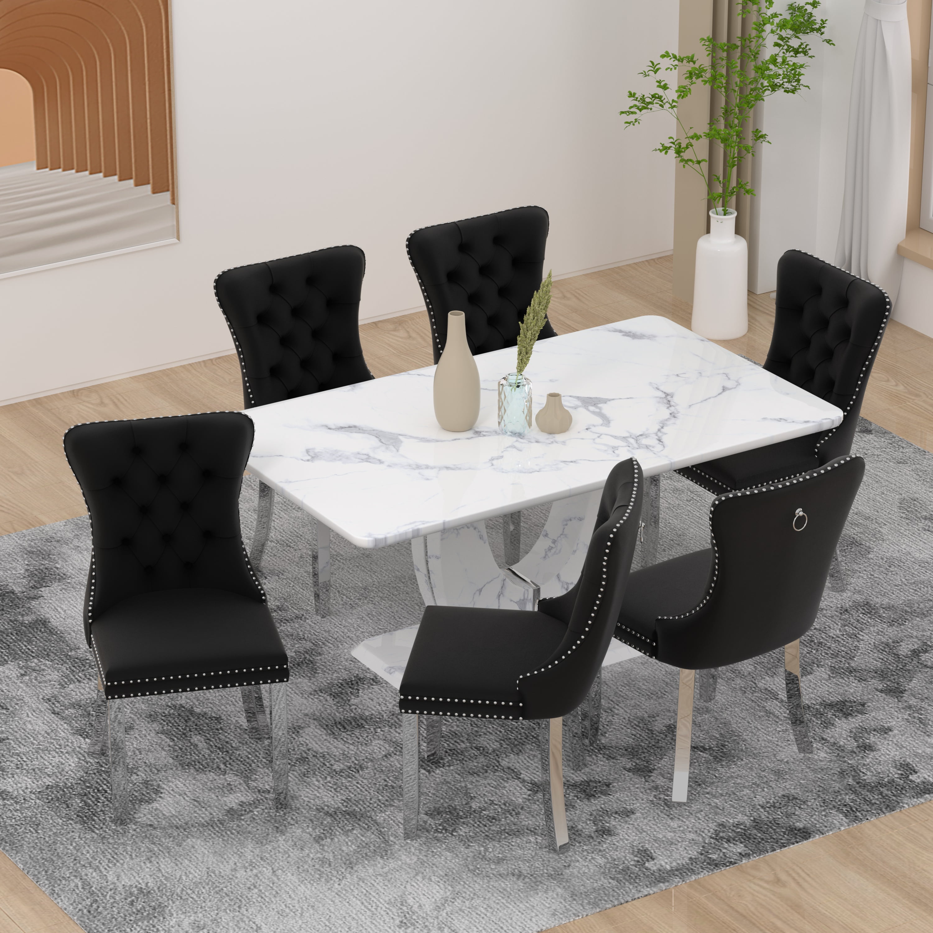 63" Modern White Rectangle Faux Marble Dining Table Room Sets for 6,Dining Table with 6 Velvet ...