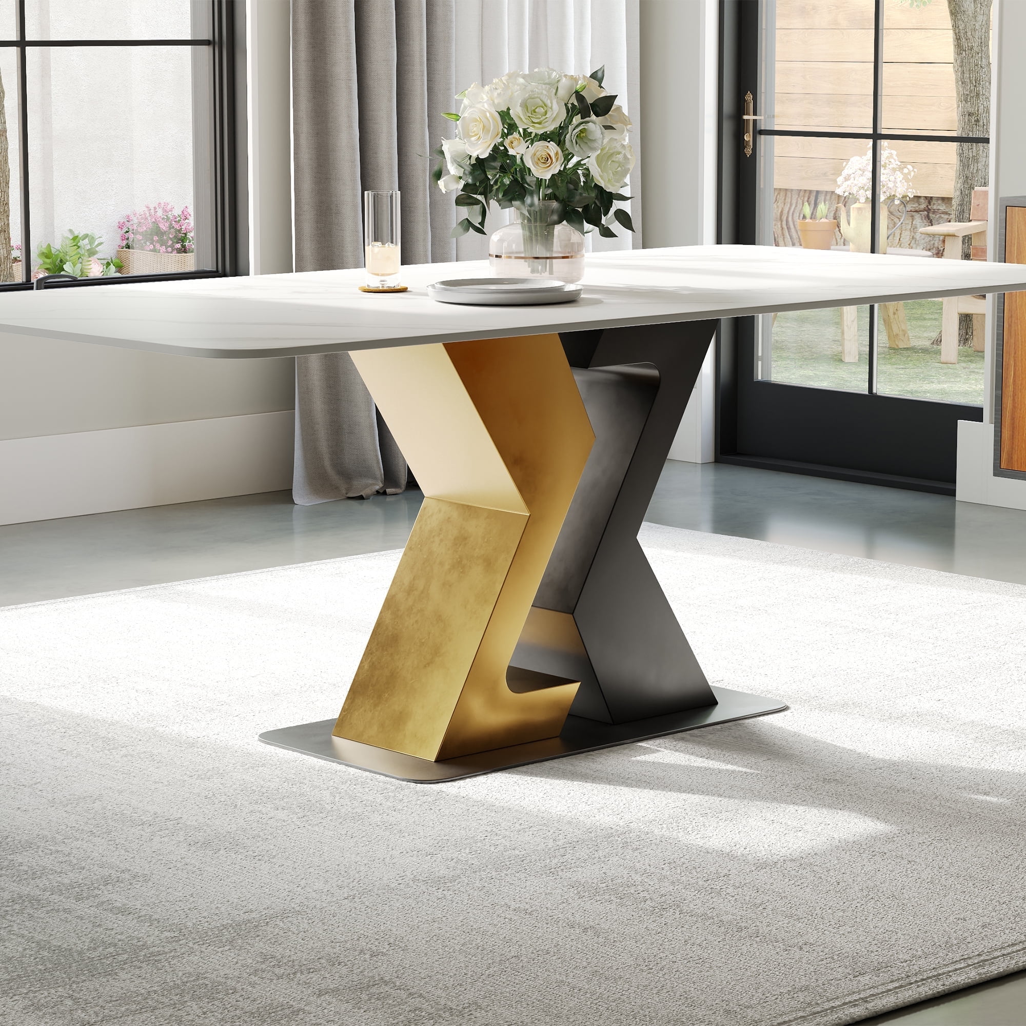 POVISON 63" Modern White Rectangle Sintered Stone Dining Table with X ...