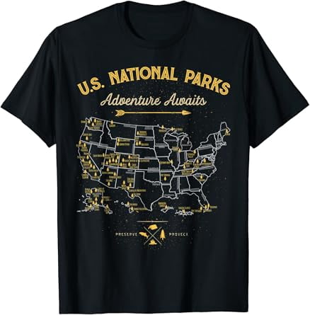 63 National Parks Map US Park Retro Vintage Camping Hiking T-Shirt ...