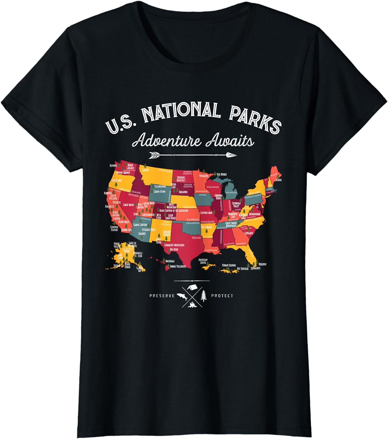 63 National Parks Map US Park Retro Vintage Camping Hiking T-Shirt ...