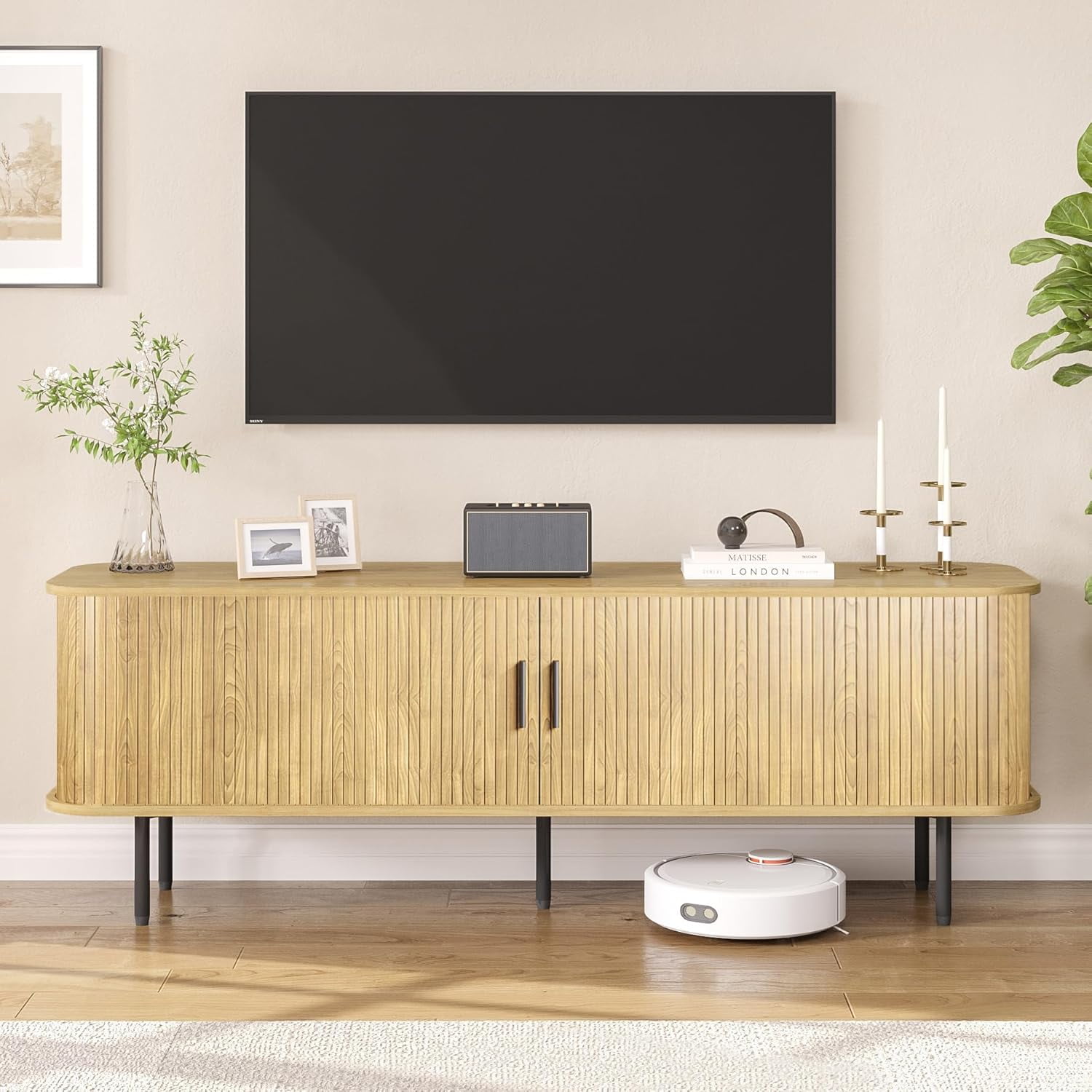 63" Natural Fluted TV Stand for TVs up to 75 Inch, Gaming Entertainment ...