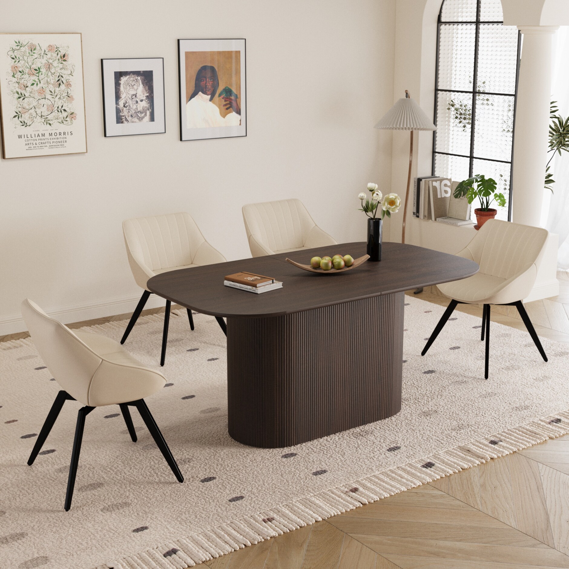 63" Oval Dining Table Set with 4 PU Swivel Chairs, Modern Industrial ...
