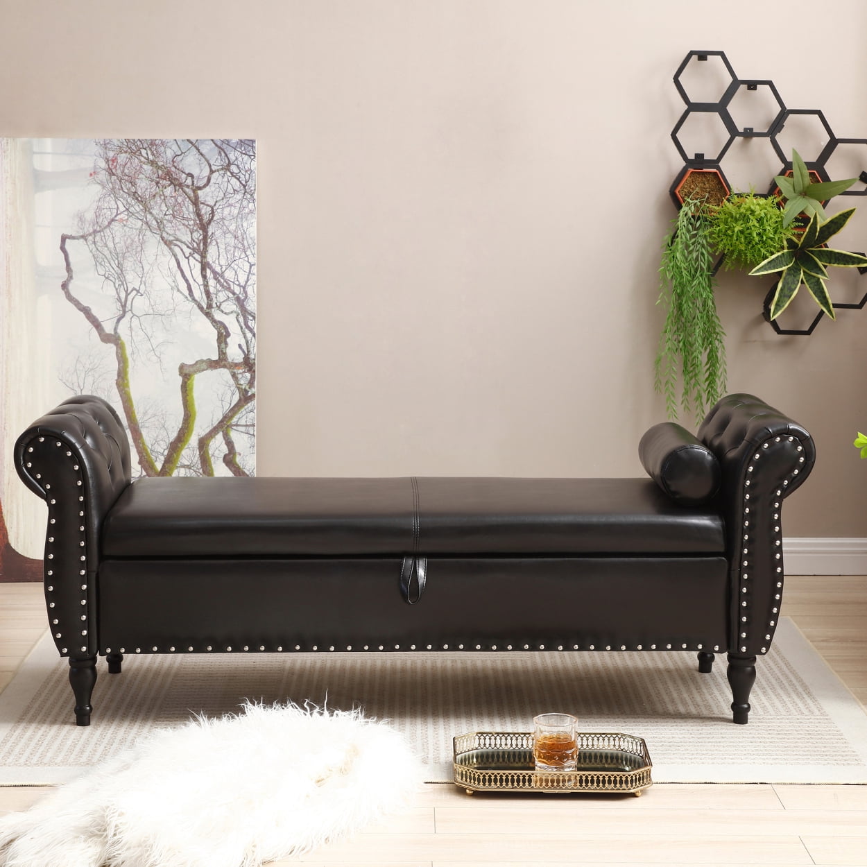 63" PU Leather Storage Ottoman Bench, Modern Rectangular Sofa Stool ...