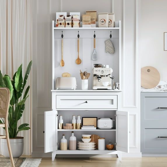 63" Pantry Cabinet, Kitchen Pantry Storage Cabinet with Outlet, Kitchen ...