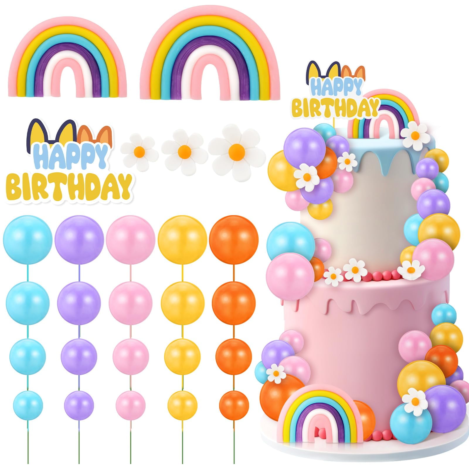 63 Pcs Cake Toppers with Balls Daisy Rainbow Cake Topper, Blue Cake ...