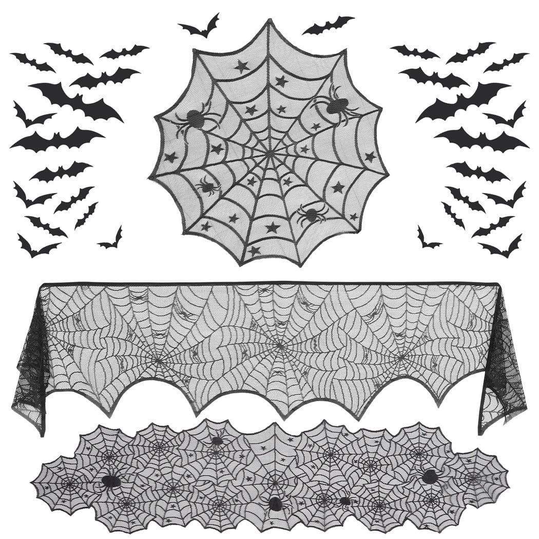 63 Pcs Halloween Decor Set, Cobweb Tablecloths, 3D Bat Stickers ...