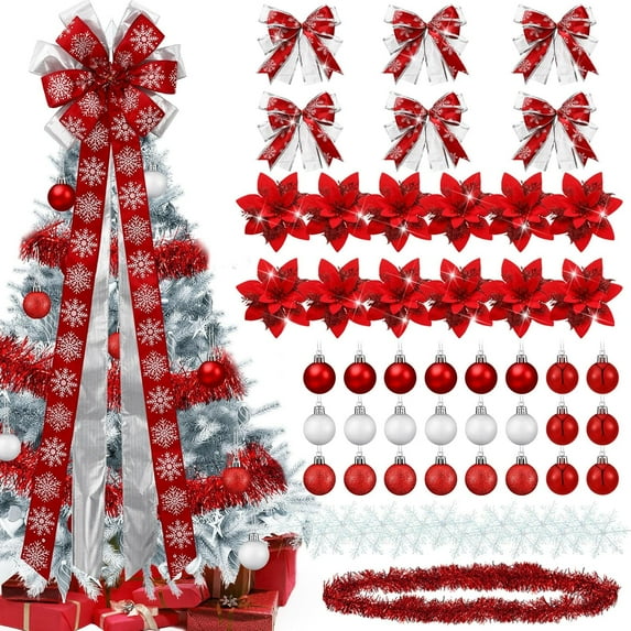63 Pcs Red Christmas Tree Ornaments Decorations Set, Large Bow ...