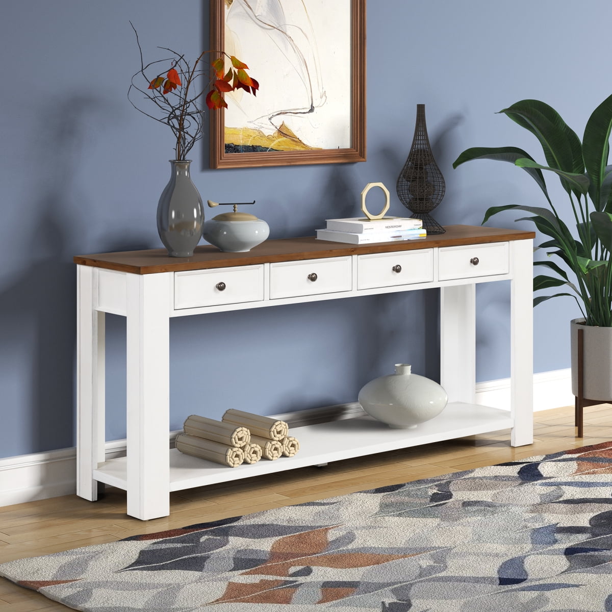 63" Pine Wood Console Table with 4 Drawers and 1 Bottom Shelf for ...