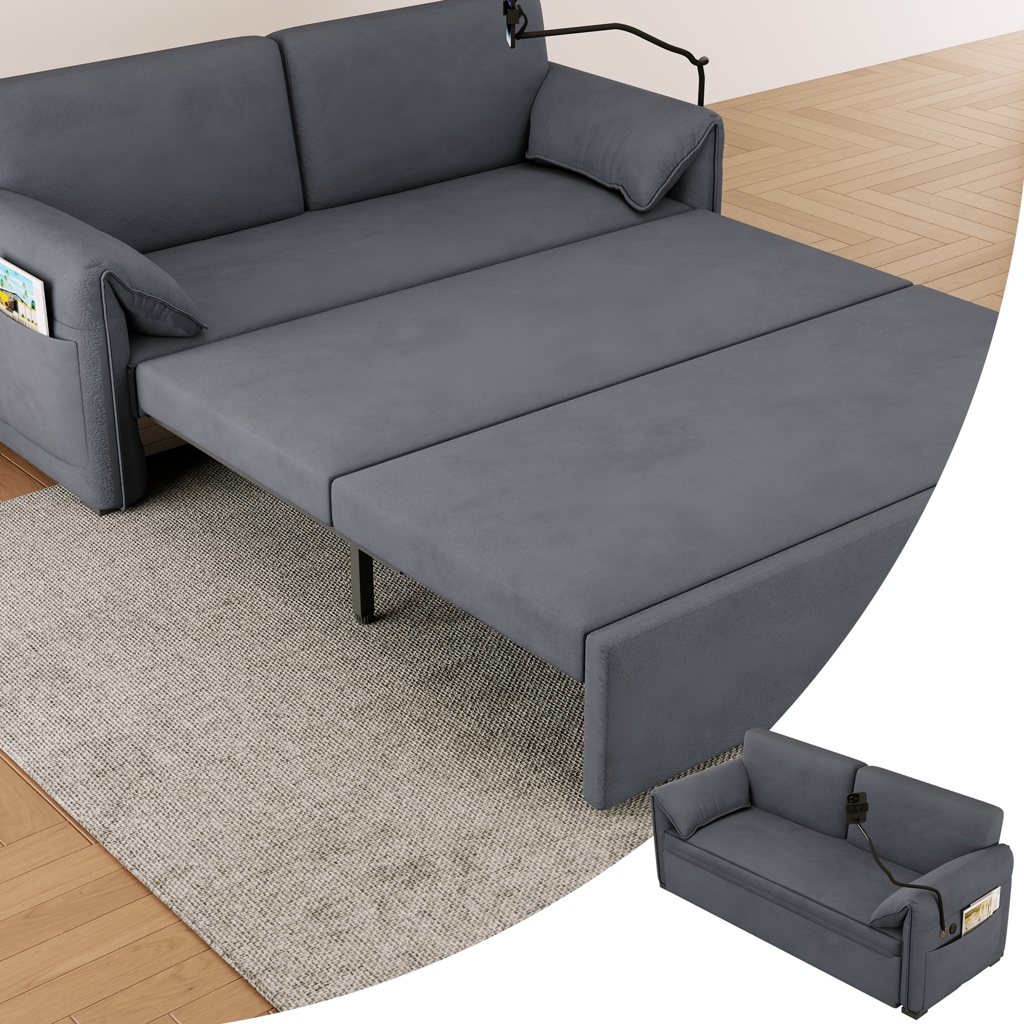 63"Queen Size 3 In 1 Convertible Sleeper Sofa Couch Bed,Pull Out Sofa Bed With Usb/Type C And ...