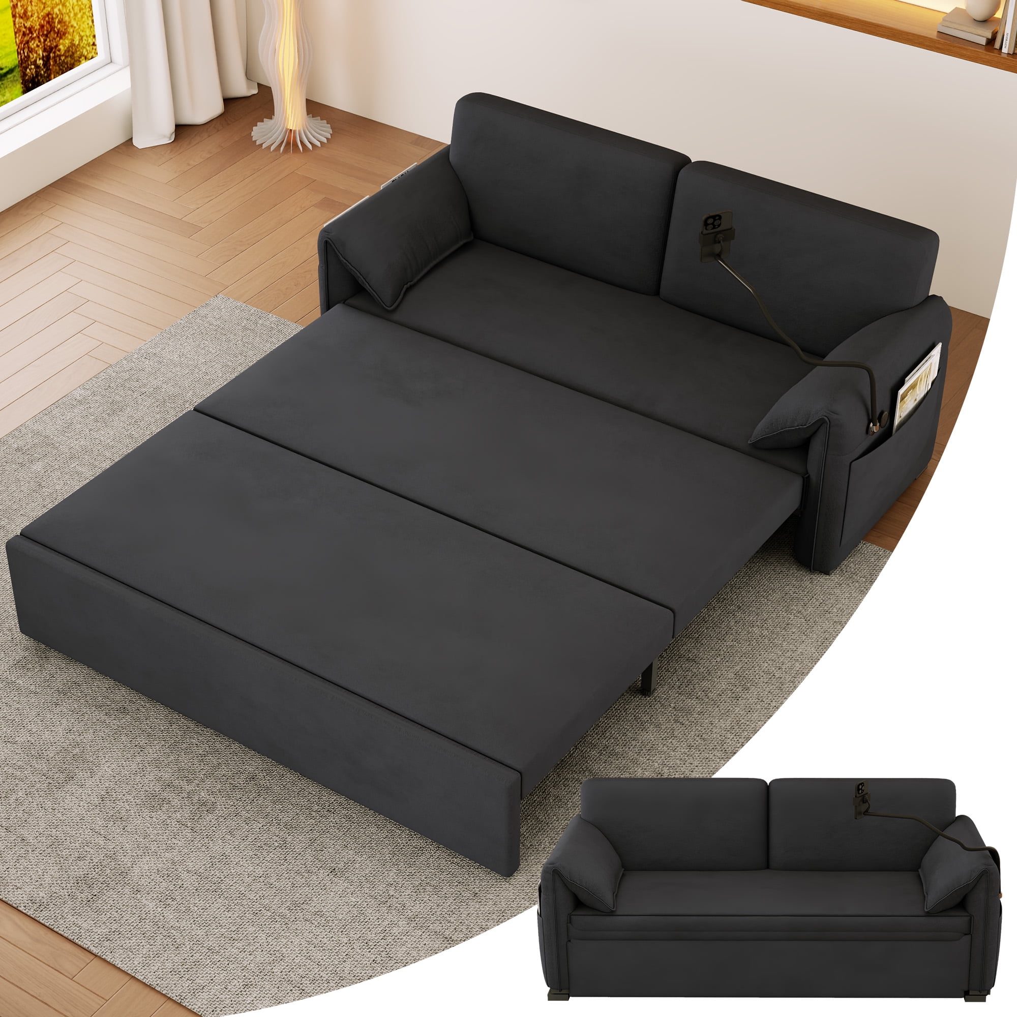 63"Queen Size Pull Out Couch,3 In 1 Sleeper Sofa Couch Bed With Usb ...