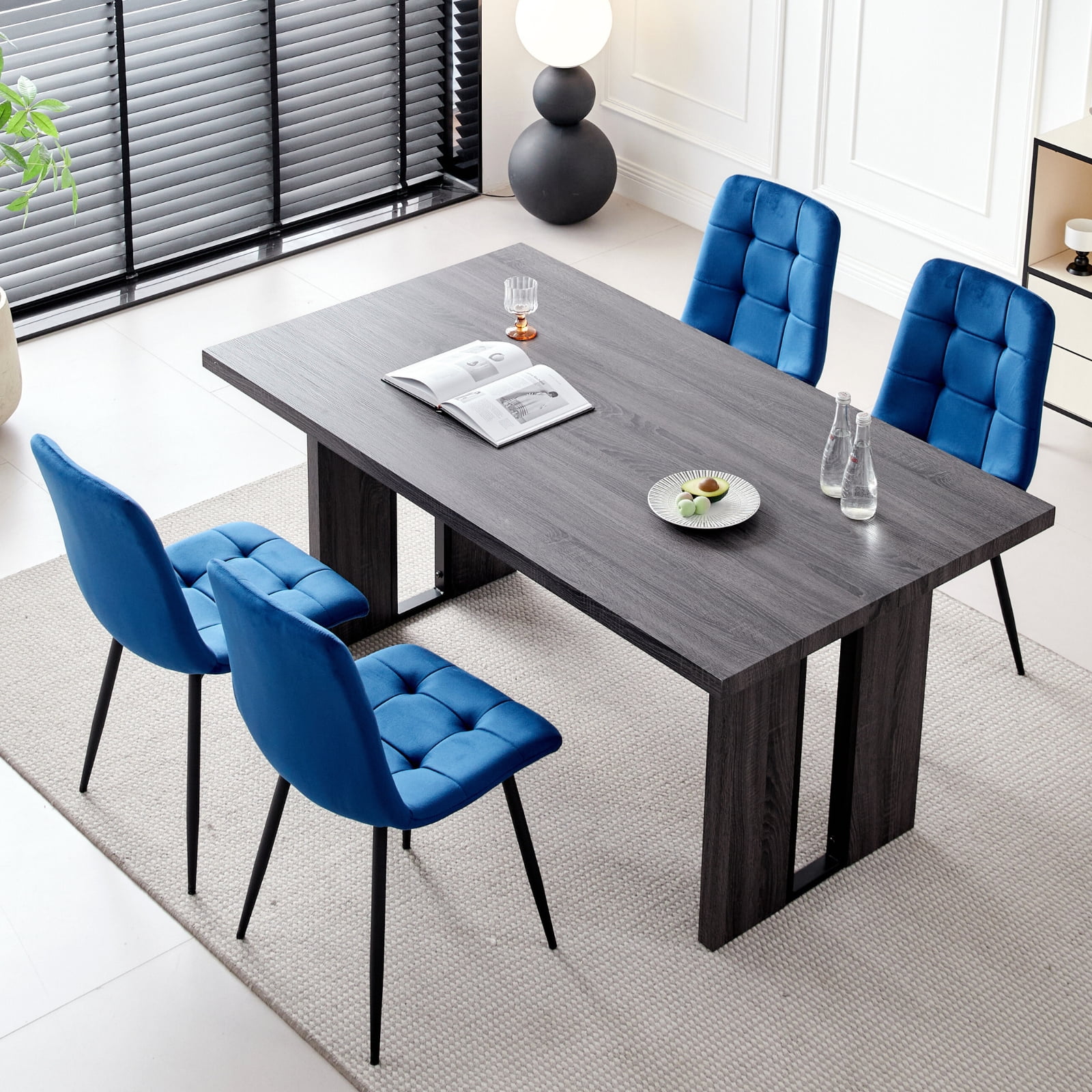 63" Rectangle Dark Gray Dining Room Table Chair Set for 4, Farmhouse ...