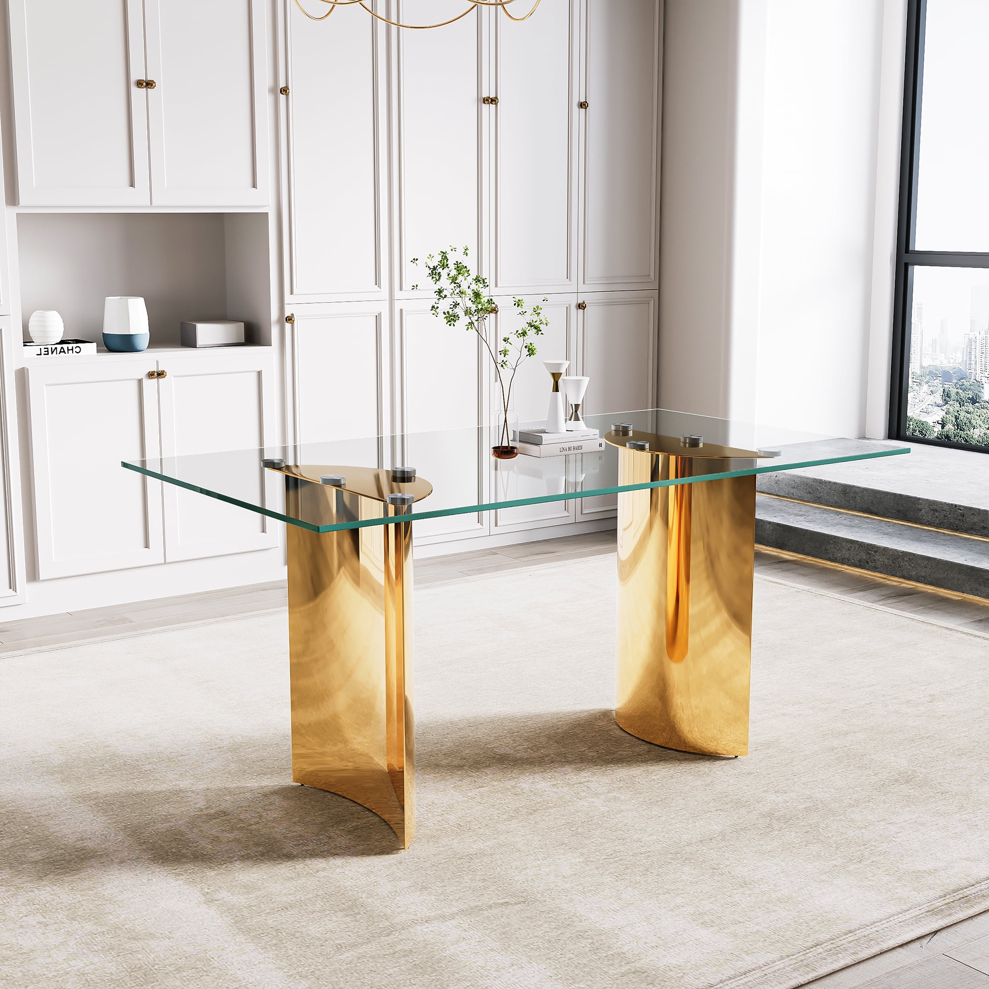 63" Rectangular Clear Tempered Glass Dining Table for 4-6 People, Modern Kitchen Table with ...