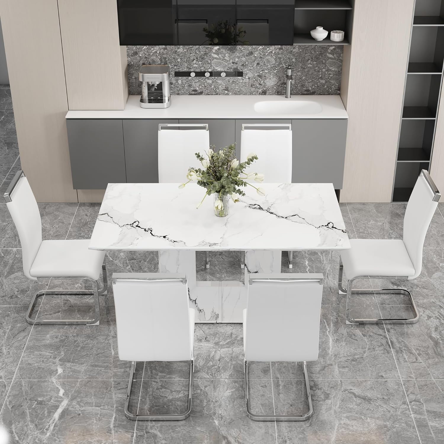 63" Rectangular Dining Table for 6, Large White Dining Room Table with ...