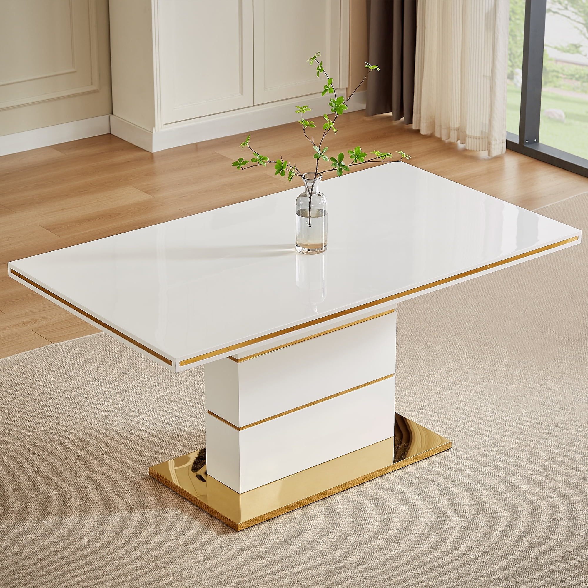 63" Rectangular Dining Table,High Gloss MDF Tabletop and Gold Stainless Steel Base for Kitchen ...