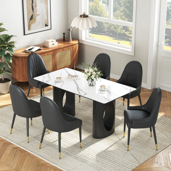 63" Rectangular Dining Table Set of 7, Sintered Stone Faux Marble Top ...