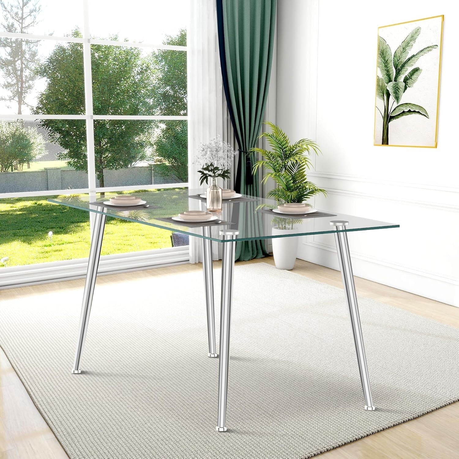 63" Rectangular Glass Dining Table for 4-6 Persons with Clear Tempered ...