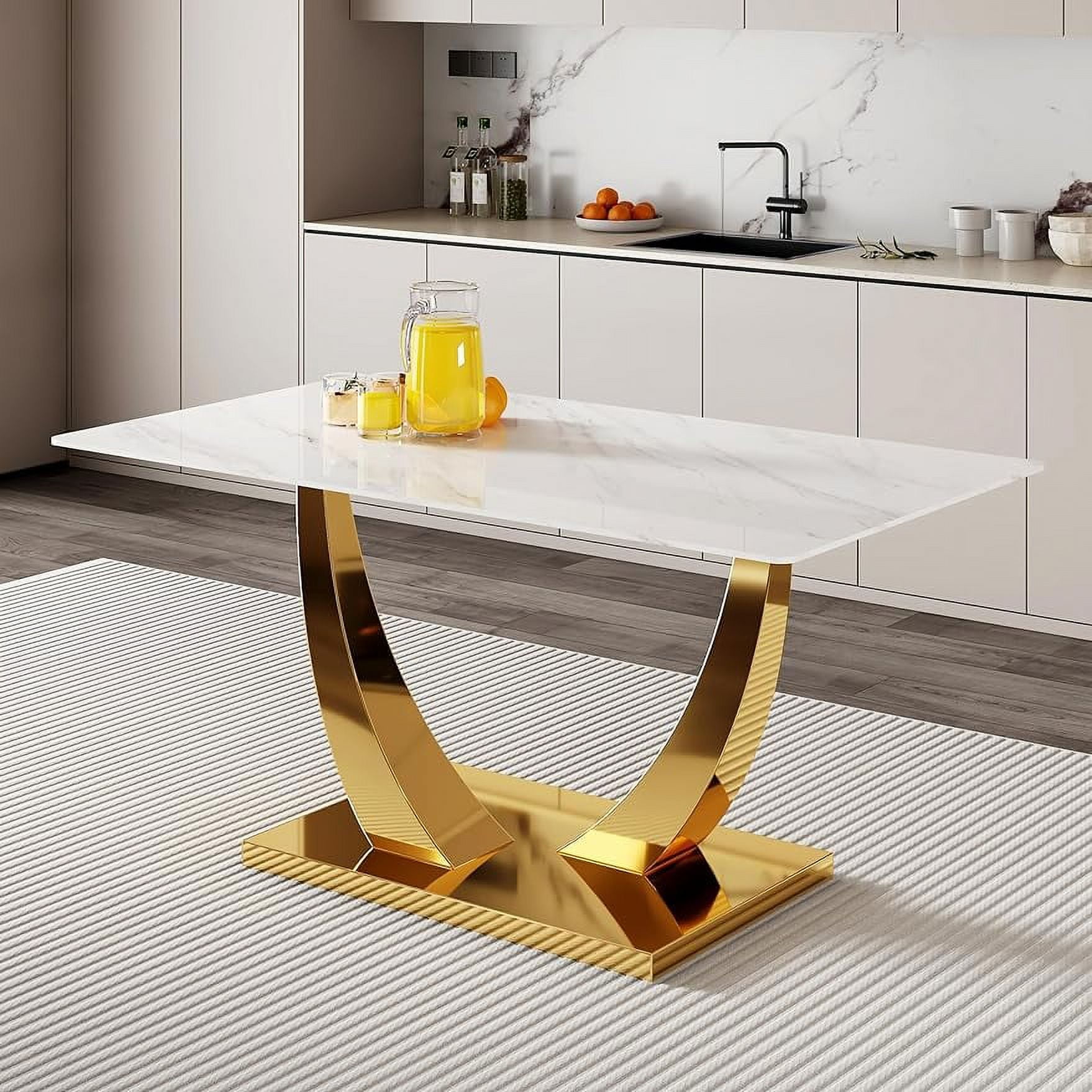63'' Rectangular Glass Dining Table for 6 Faux Marble Dining Table with ...