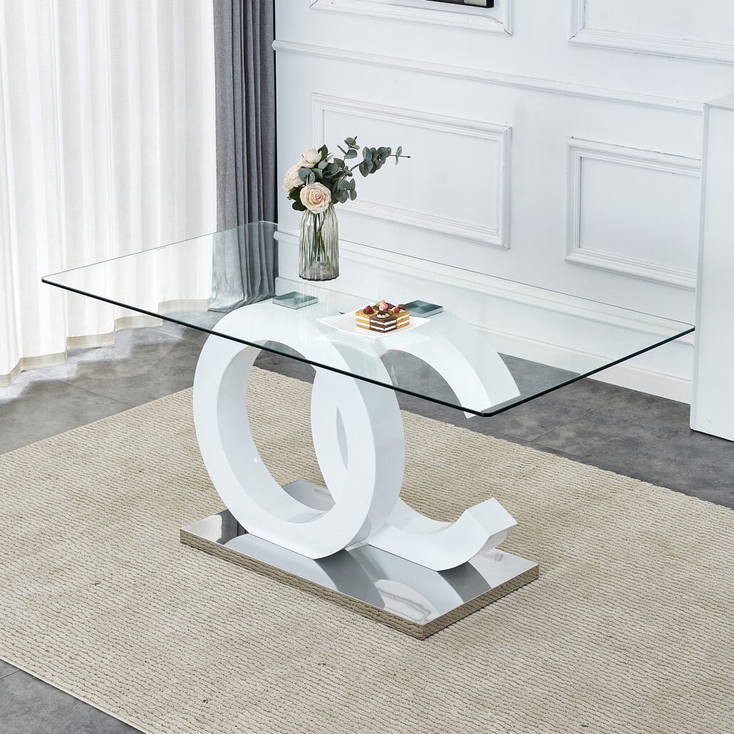 63" Rectangular Glass Dining Table, Modern Large Minimalist Table with ...