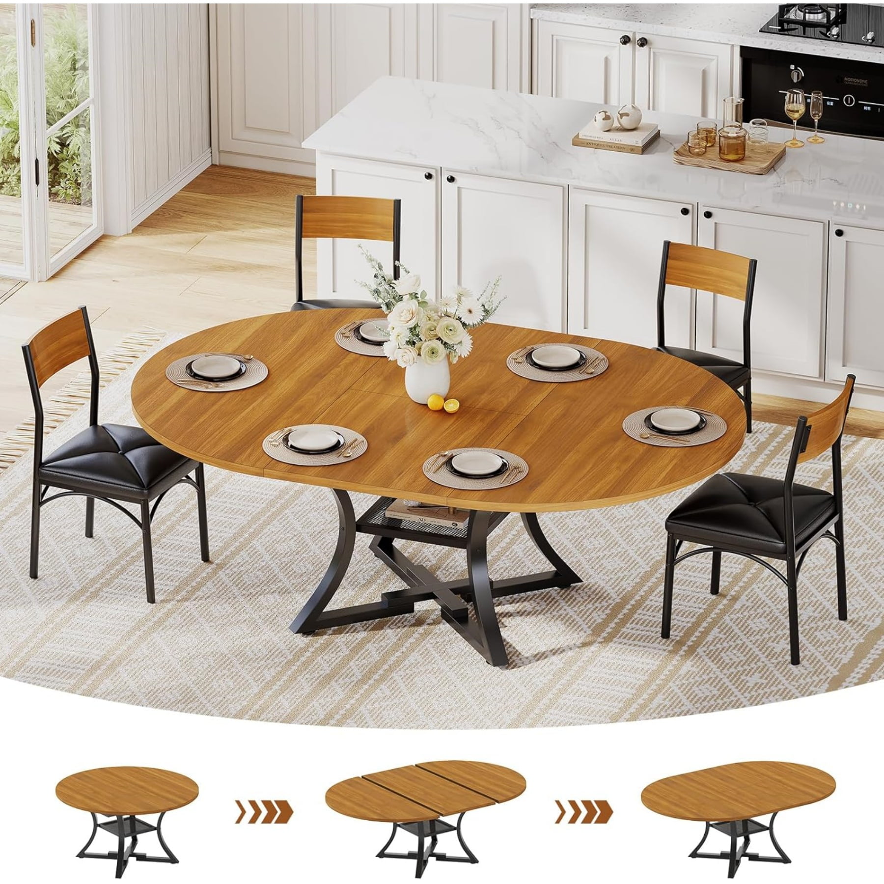 63" Round Extendable Kitchen Table Set for 4-8 People, 5-Piece Large ...