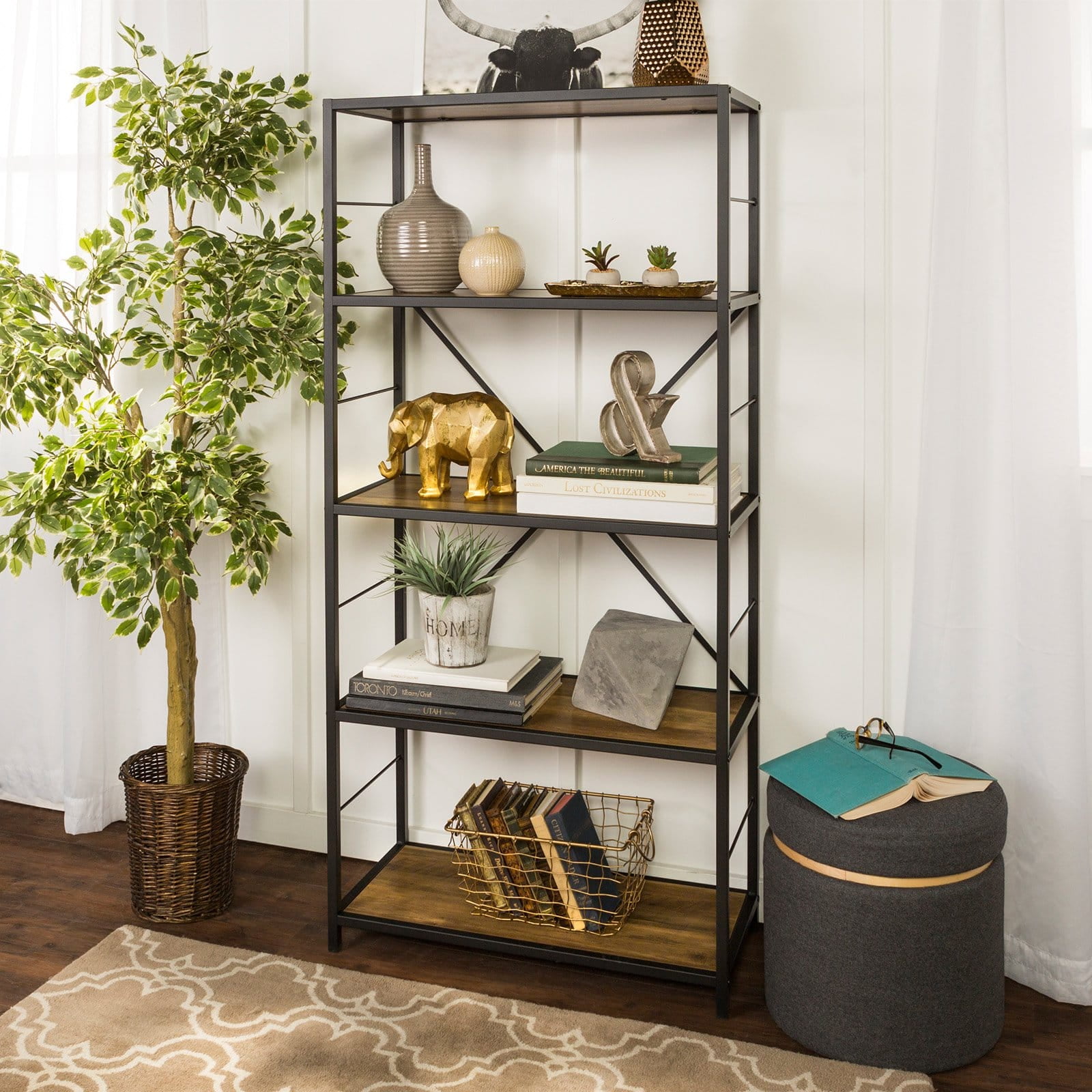 63" Rustic Industrial Bookcase in Rustic Oak - Walmart.com