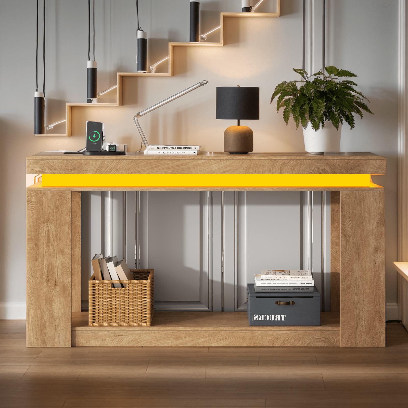 63” Rustic Wood Console Table with RGB LED Lights & Charging Station ...