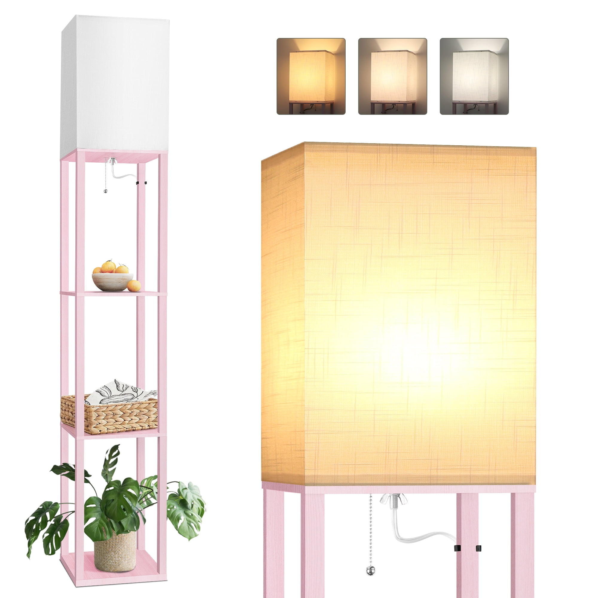 63" Shelf Floor Lamp Modern Pink Standing Lamp with 3 Color Temperature ...