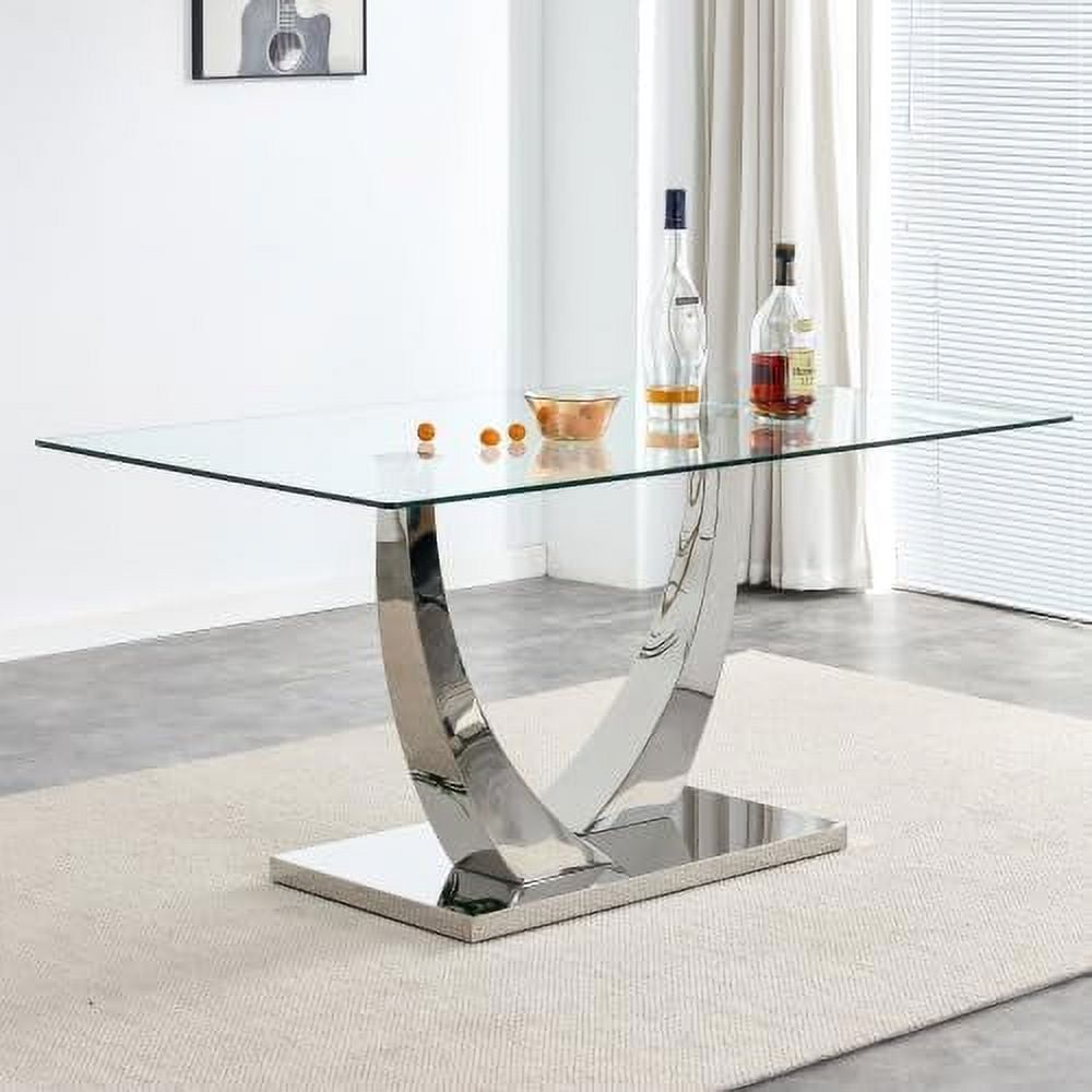 63'' Silver Modern Rectangle Glass Dining Table, Industrial Style with ...