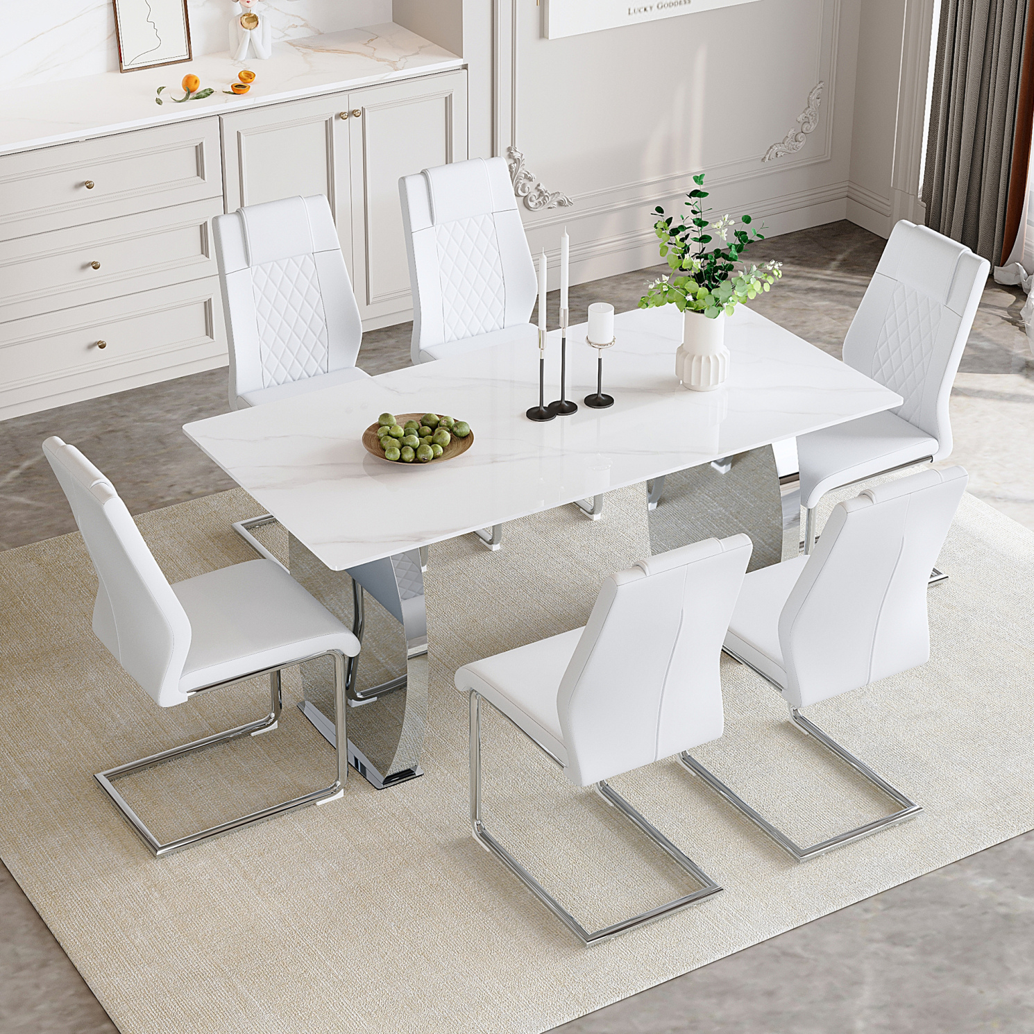 63" Sintered Stone Dining Table Set for 6, Modern White Kitchen Table ...