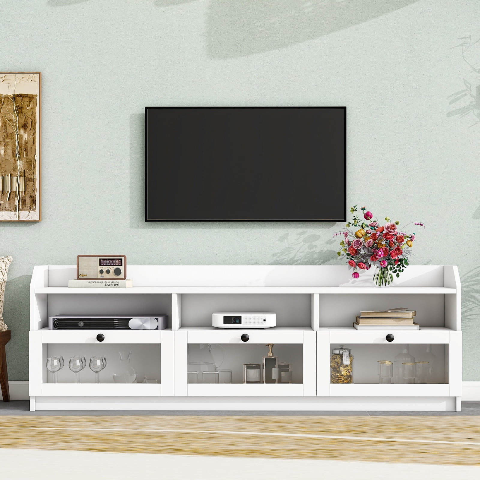 63" Sleek TV Stand with Acrylic Board Door, Chic TV Table for TVs Up to ...