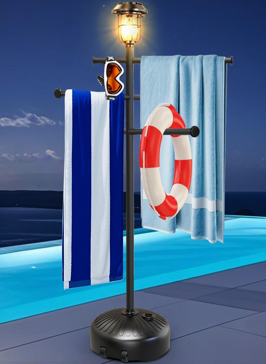 63" Solar Light Pool Towel Rack, Outdoor Towel Rack with Wheels, 6 ...