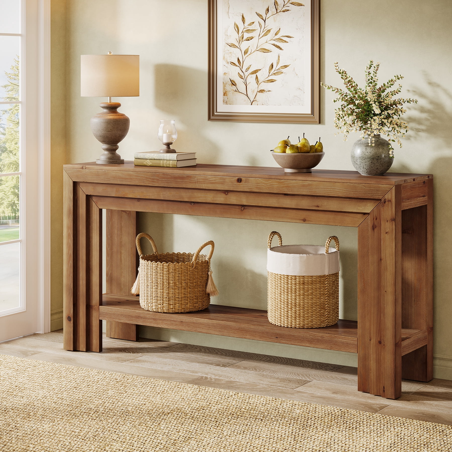 63" Solid Wood Console Table with Storage Shelf, Farmhouse Entryway ...