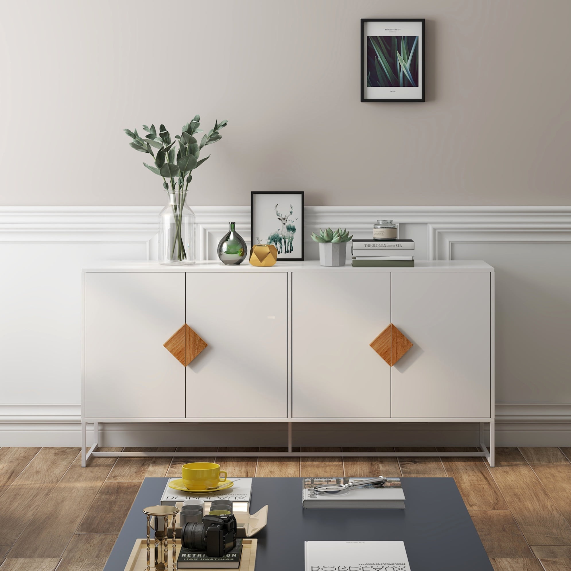 63" Solid Wood Sideboard With Square Shape Handle, Double Storage ...