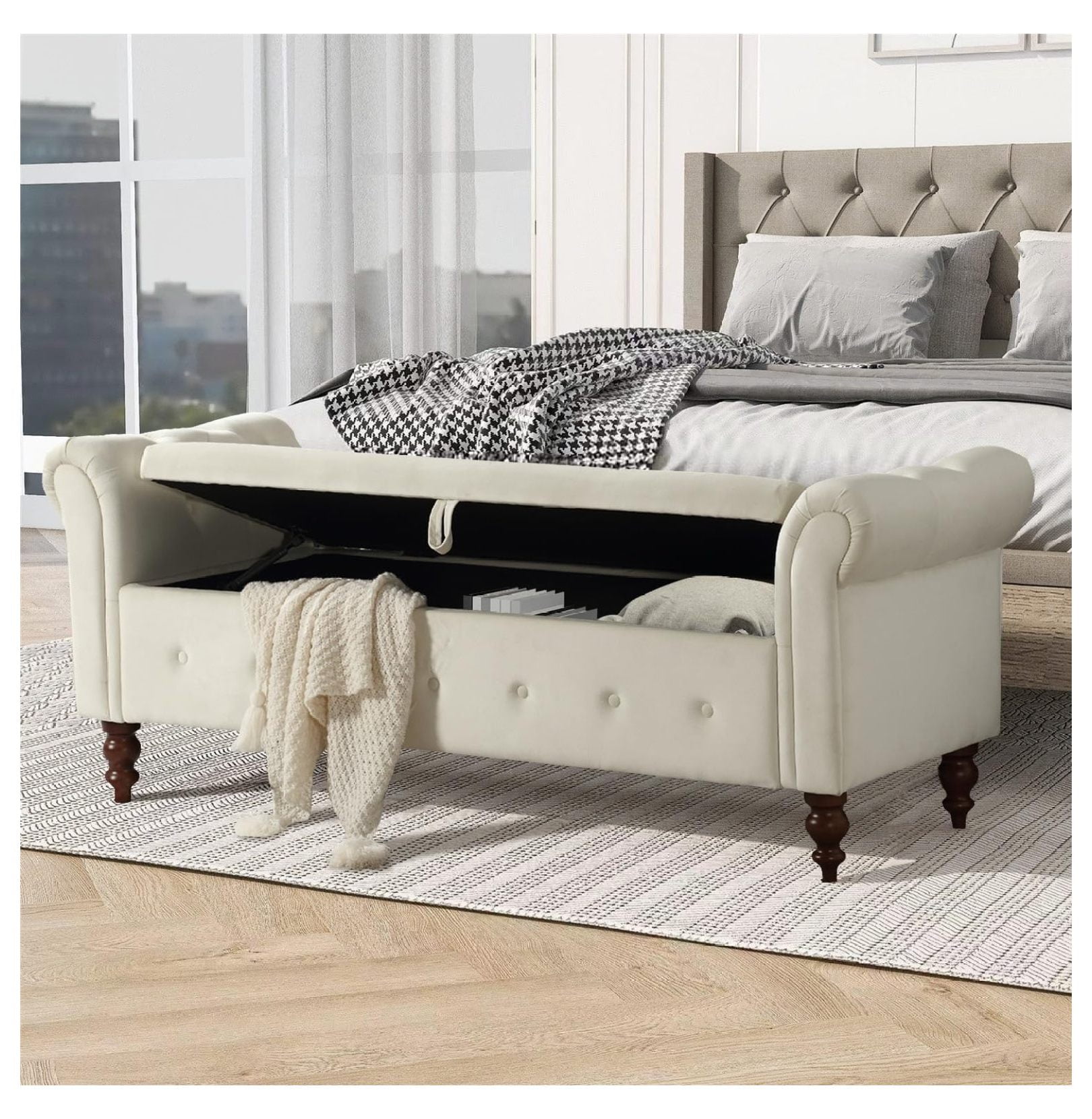 63" Storage Bench for Bedroom End of Bed, Button Tufted Storage Ottoman ...