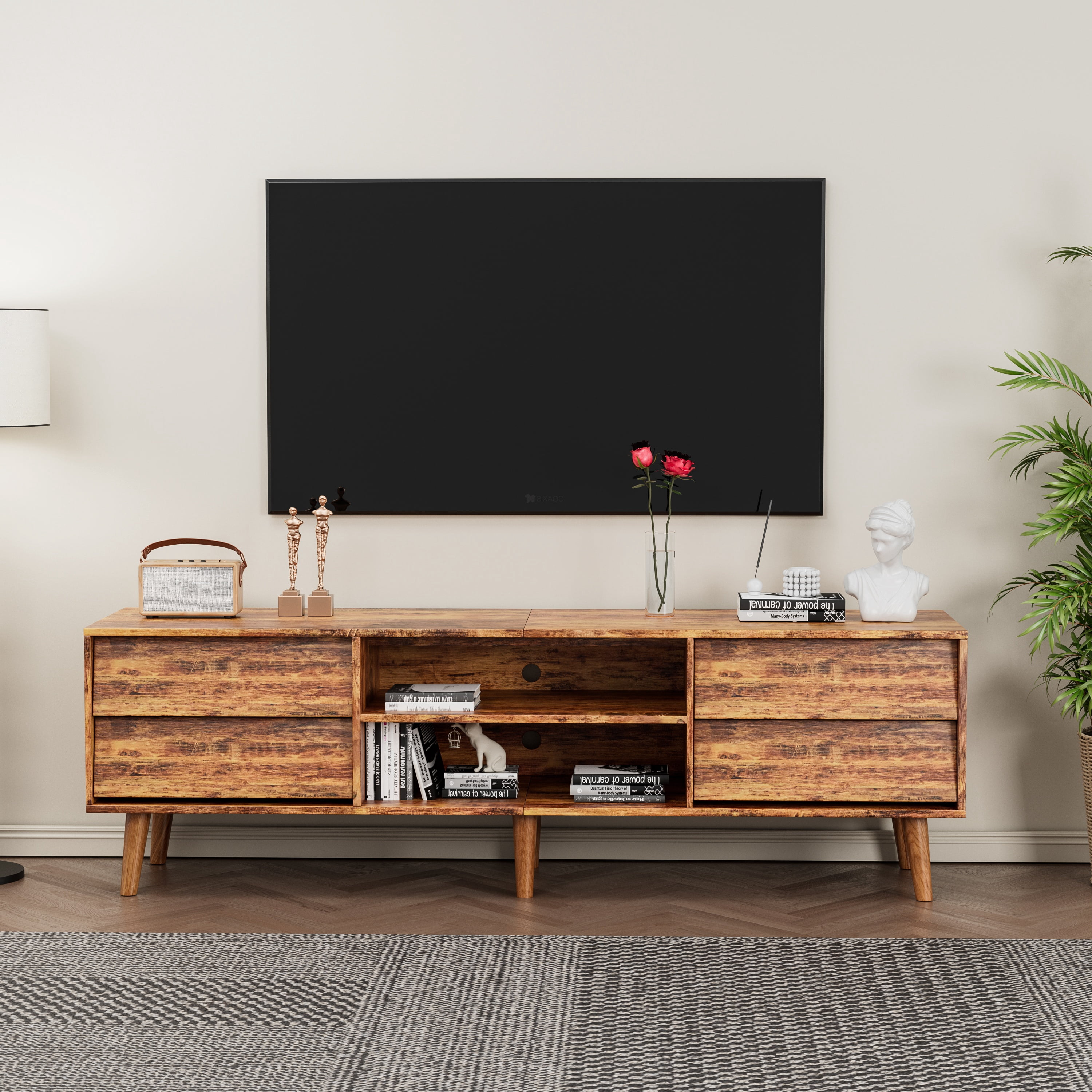 63" TV Cabinet with 2 Open Storage Compartments & 4 Slope Design ...