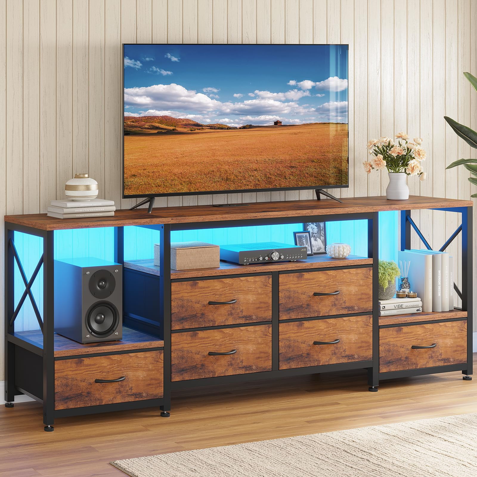 63" TV Stand for 75 Inch TV, Entertainment Center with LED Light ...