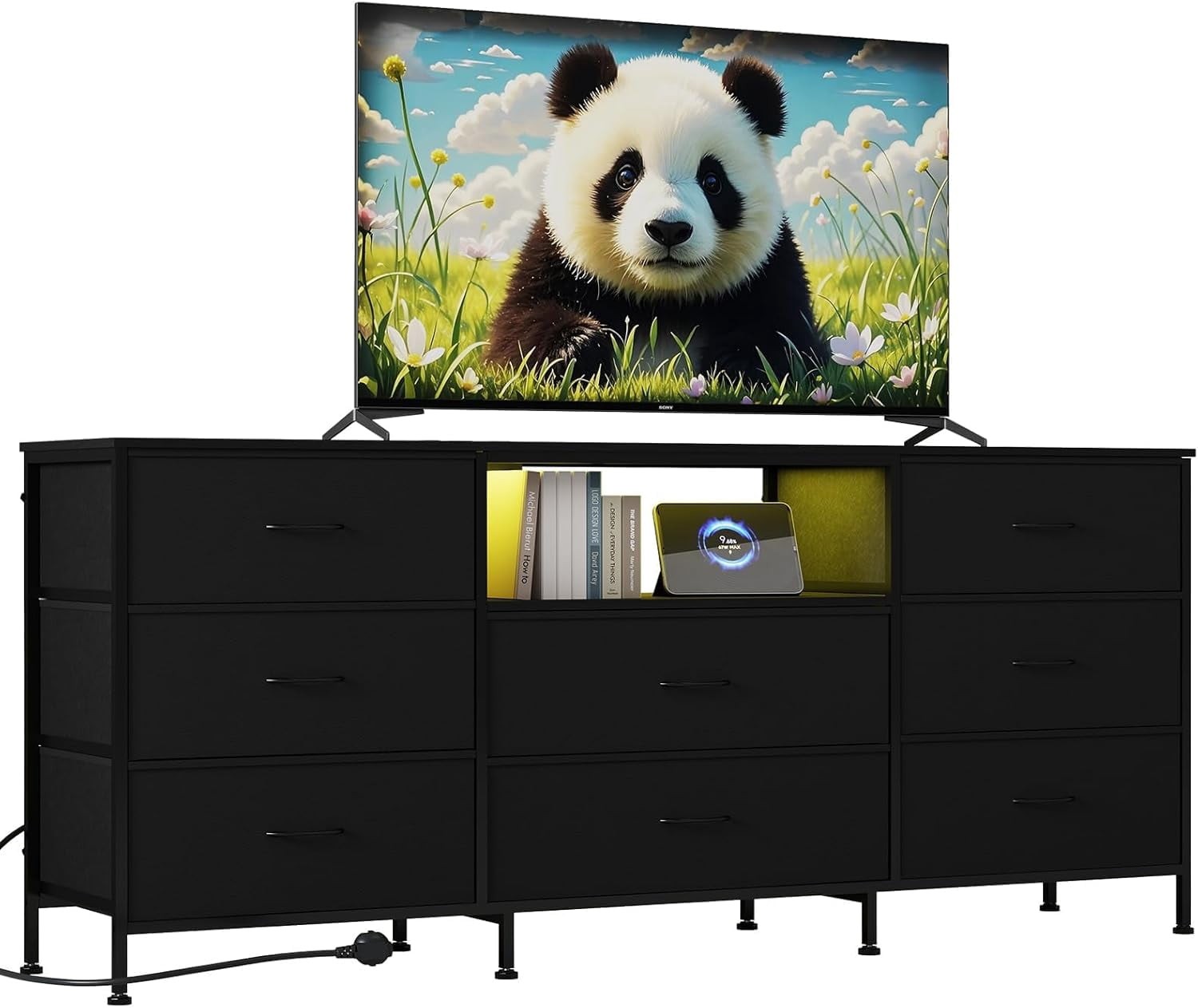 63" TV Stand with 8 Fabric Drawers and LED Lighting, Steel Frame Media ...