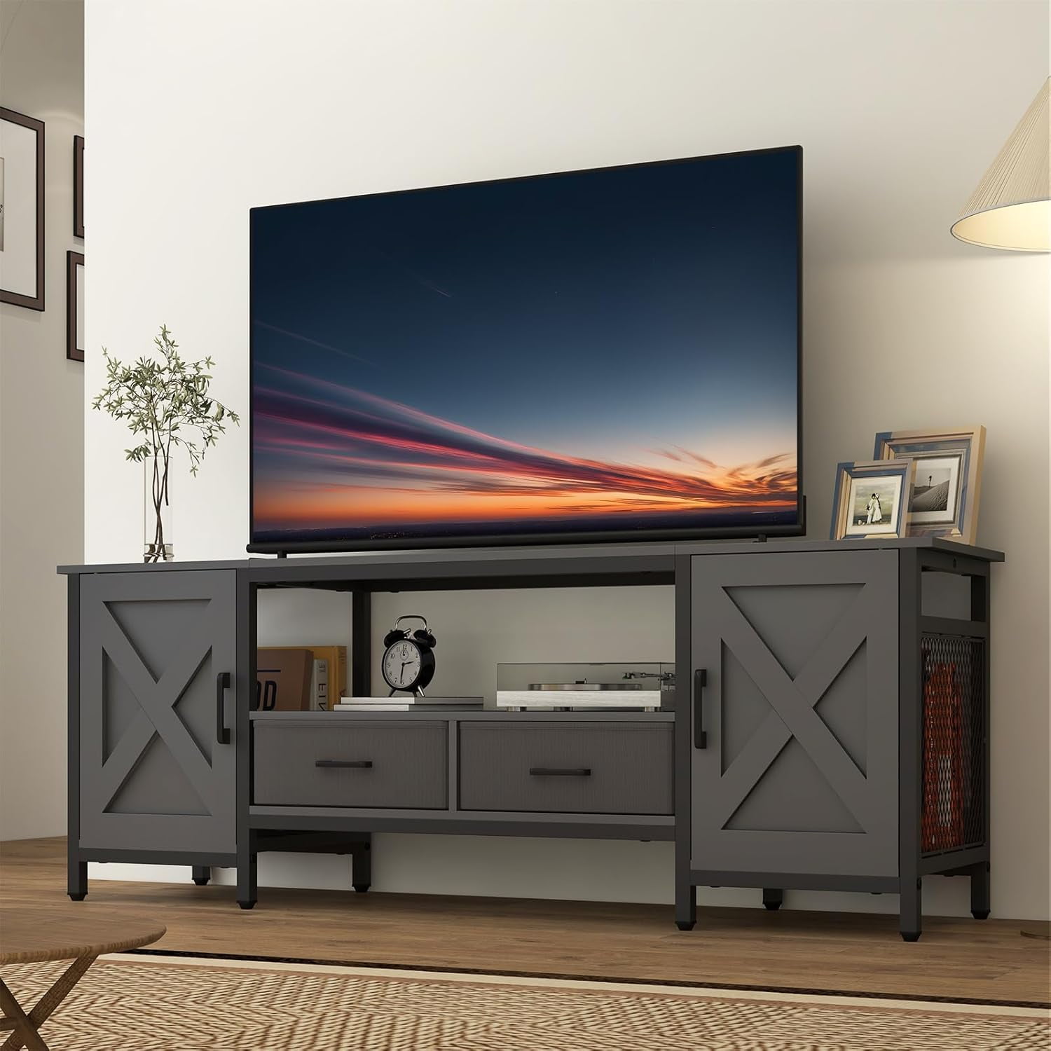 63" TV Stand, Modern Entertainment Center with Storage Cabinets and ...