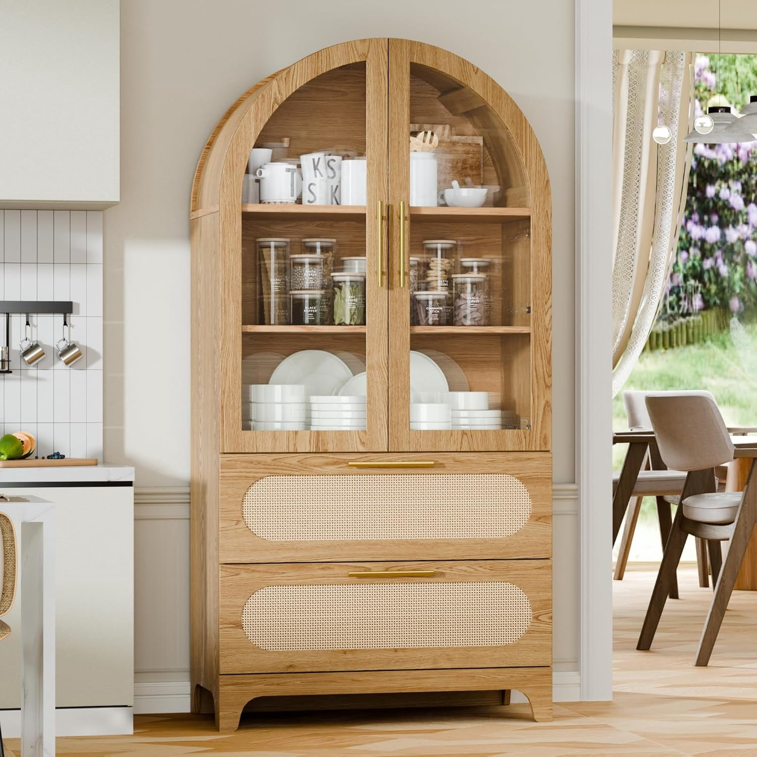 63" Tall Arched Cabinet with Glass Doors & 2 Rattan Drawers, 5-Tier ...