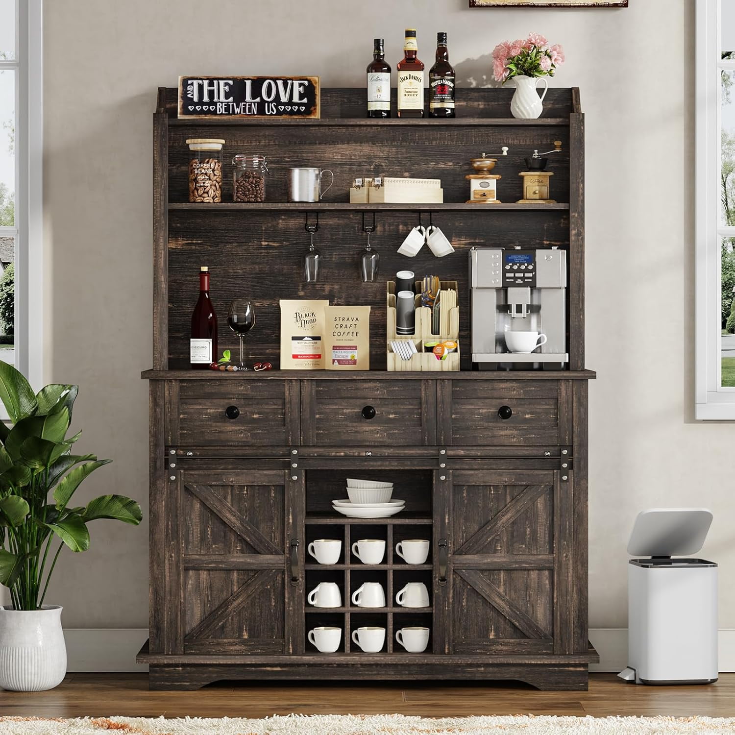 63'' Tall Coffee Bar with 3-Tier Storage, Farmhouse Kitchen Hutch ...