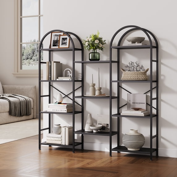 63" Tall Industrial Arched Triple‑Column 4‑Tier Bookshelf, Metal & Wood ...
