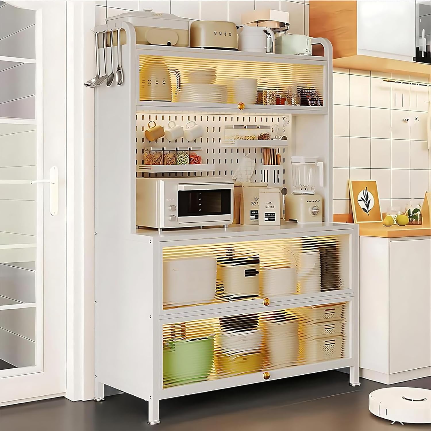 63" Tall Kitchen Pantry Storage Cabinet, Large Capacity Hutch Cabinet with Acrylic Doors and ...